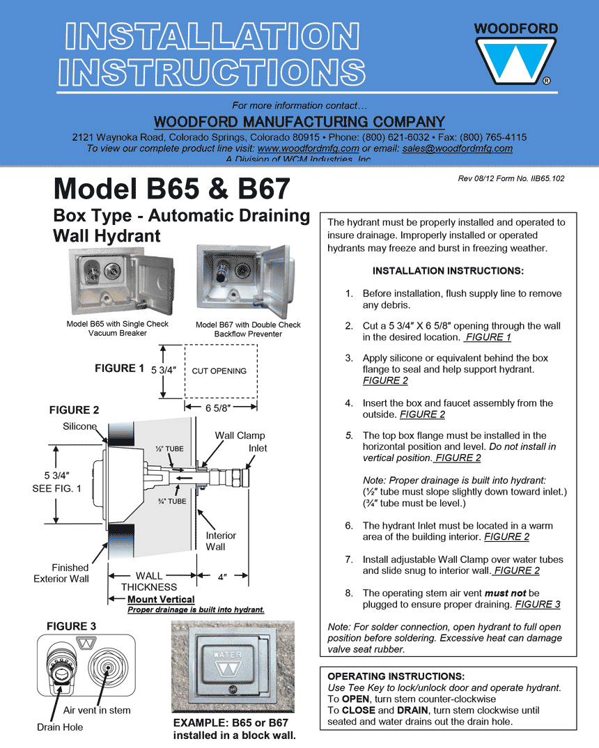Woodford Model 65, B65, Modular & Round Box Hydrants