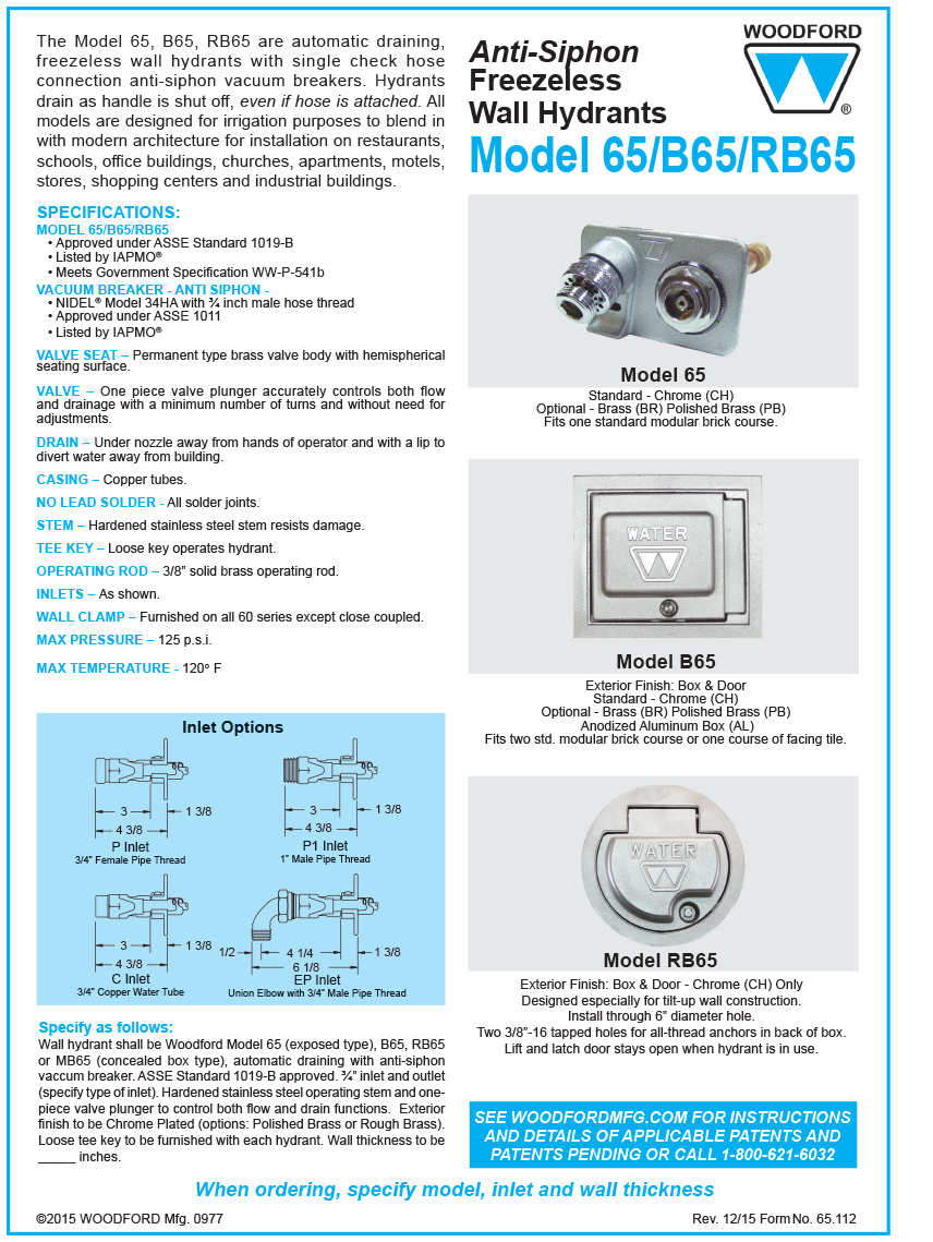 Woodford Model 65, B65, Modular & Round Box Hydrants